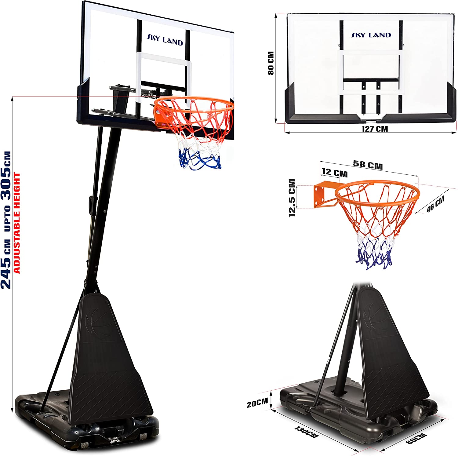 SKY LAND Sports Pro Size Basketball Hoop Goal on Wheels, Adjustable ...